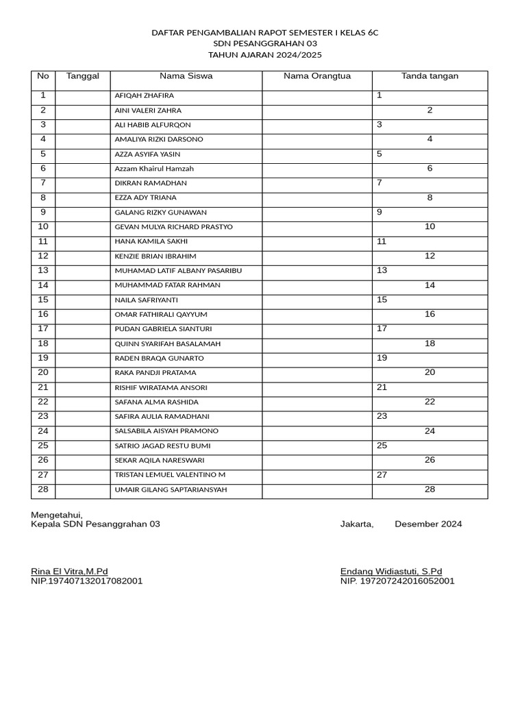 Daftar Pengambalian Rapot Semester Ii Kelas 3a | PDF