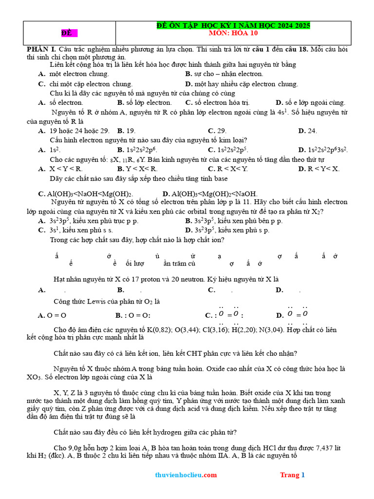 Đề thi hk1 hoá10 | PDF