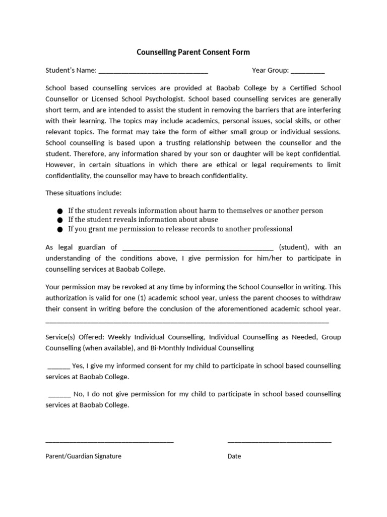 Parent Consent for School Counseling | PDF