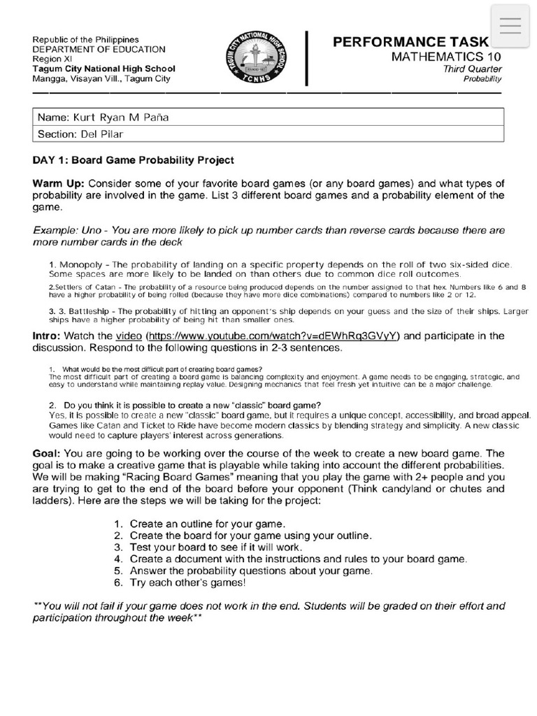 Board-Game-Probability-Project (1) | PDF | Probability | Luck