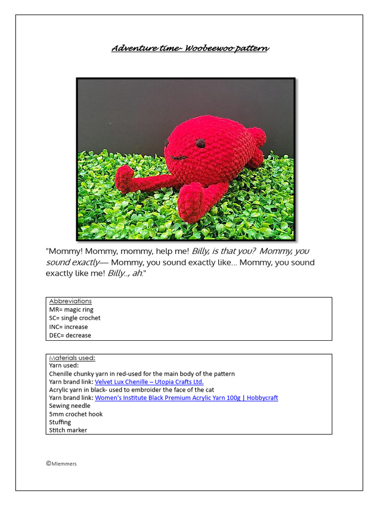 Adventure Time Weeboowee | PDF | Crochet | Sewing