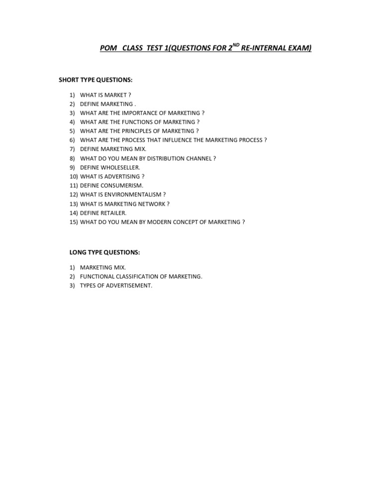 Pom Class Test 1 (Questions For 2 Re-Internal Exam ...