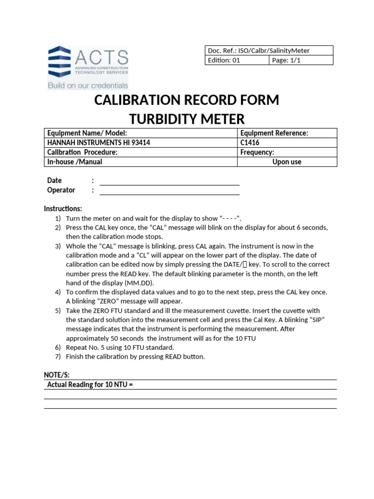 Calibration Form - Turbidity Meter | PDF