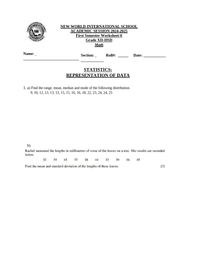 Grade XII Math Statistics Worksheet | PDF