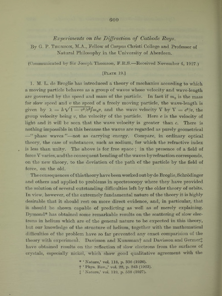 Thomson Thomson 1997 Experiments On The Diffraction of Cathode Rays ...
