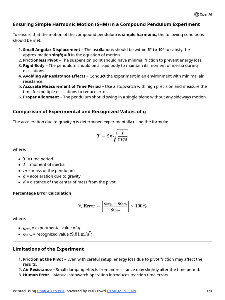 Compound Pendulum Experiment Analysis | PDF | Damping | Sound