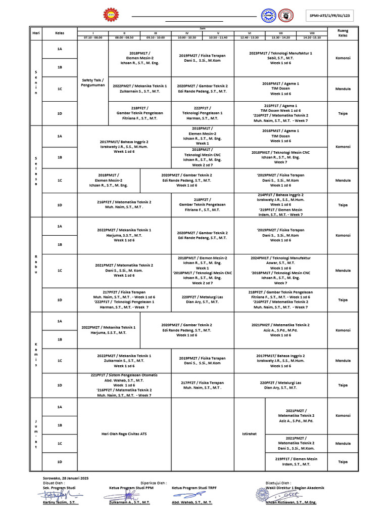 Jadwal Teori Sem. Genap TA 2024-2025 Tingkat 1 | PDF