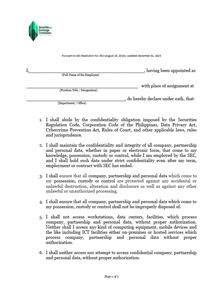 SEC - Confidentiality Undertaking - Employees December 2023 | PDF ...