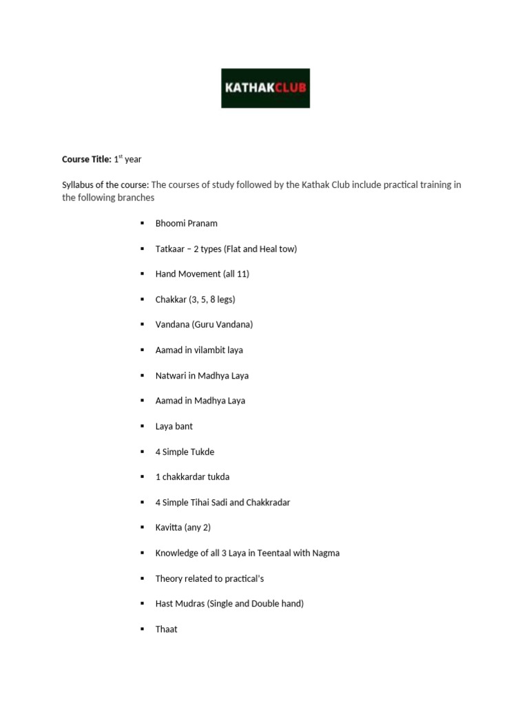 1st Year Syllabus Kathak | PDF