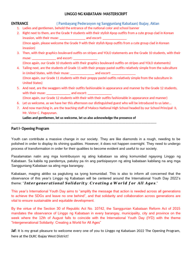 Linggo ng Kabataan Opening Program Script | PDF