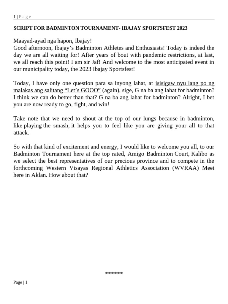 Script Badminton 2023 Ibajay Sportsfest | PDF
