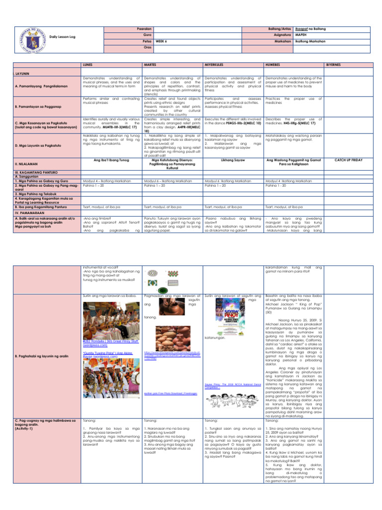 Mapeh 4 Q3 W6 DLL | PDF