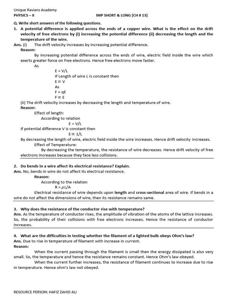 PHY-2 IMP SQ LQ CH # 13 (1) | PDF | Voltage | Electrical Resistivity And Conductivity