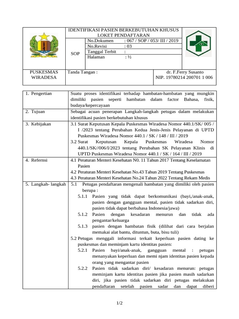 sop identifikasi pasien berkebutuhan khusus loket pendaftaran | PDF