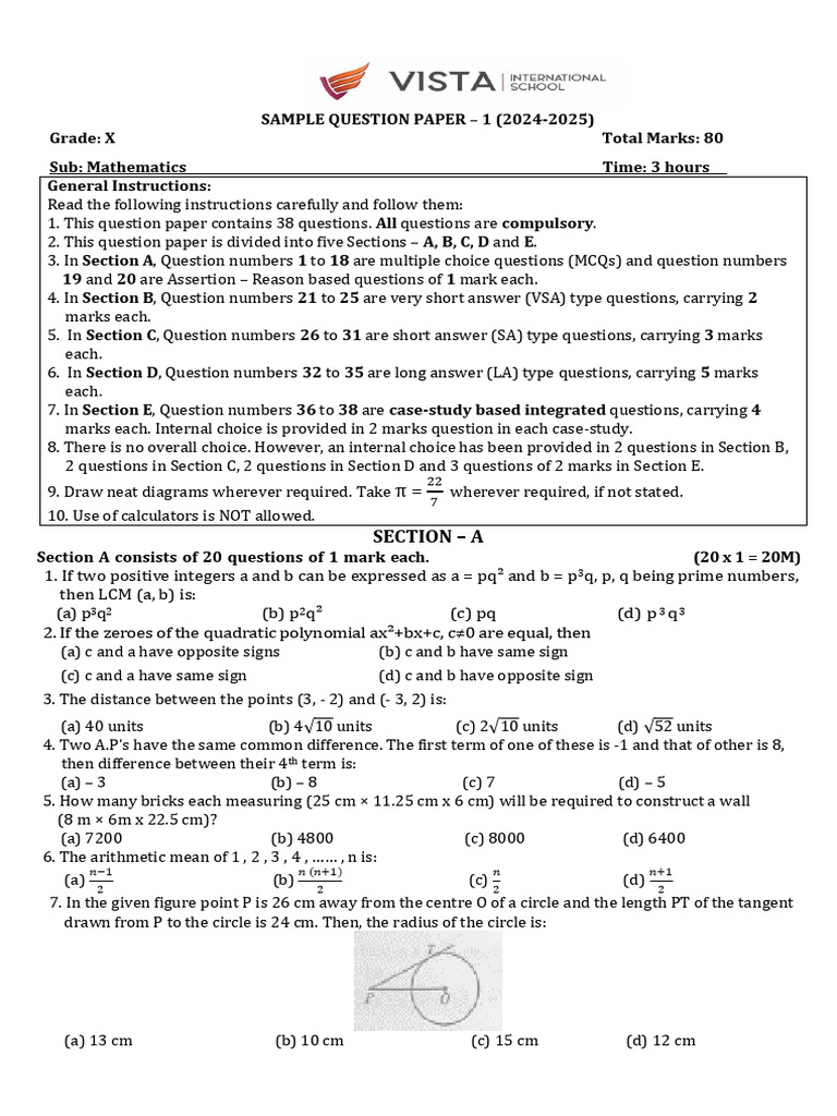Grade-X Math Sample QP - 4 (2024-25) | PDF | Circle | Area