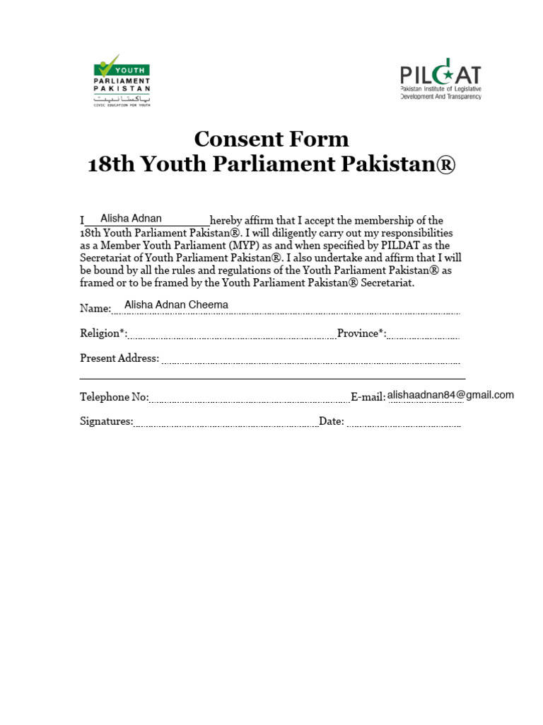 Youth Parliament Pakistan Consent Form | PDF