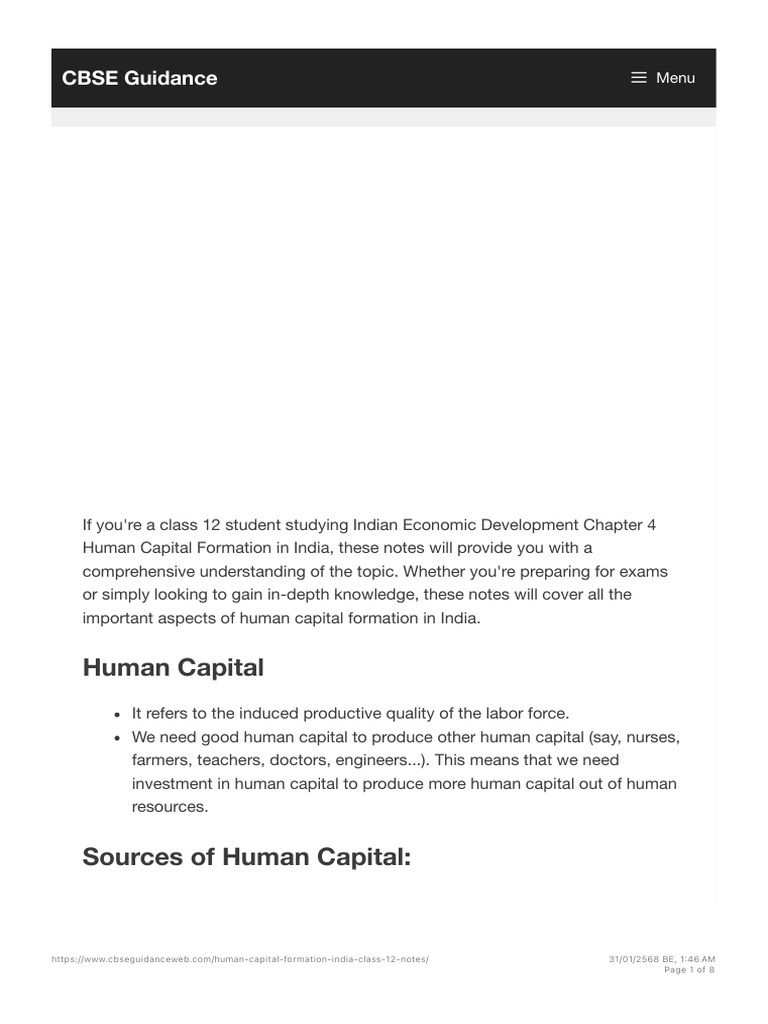 Human Capital Formation in India: Class 12 Notes | PDF | Human Capital ...