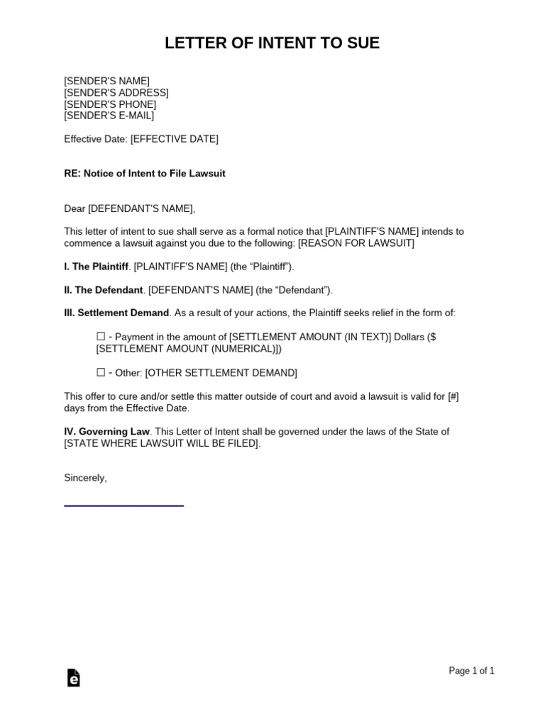 Letter of Intent To Sue | PDF