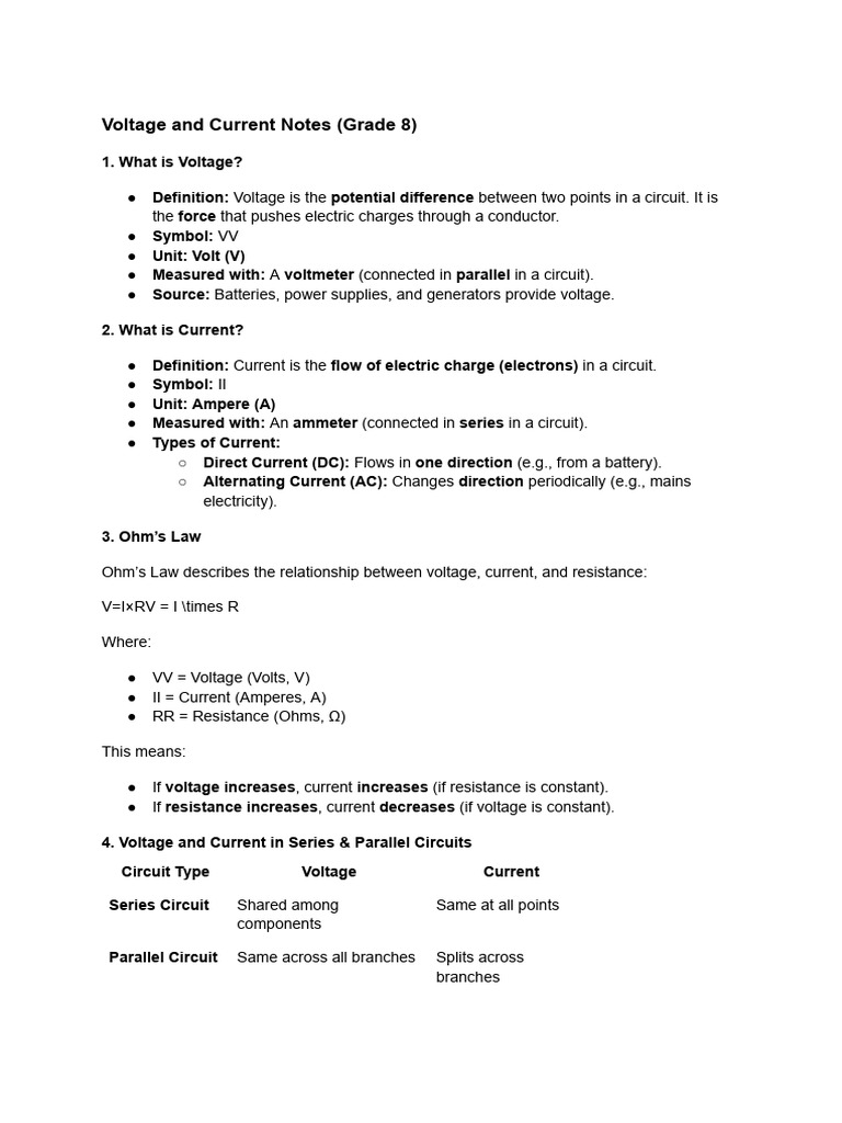 Voltage and Current Basics for Grade 8 | PDF
