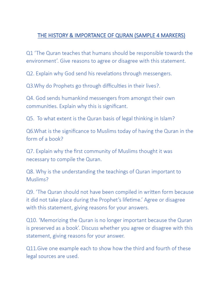 The History and Importance of Quran (4 Markers) | PDF