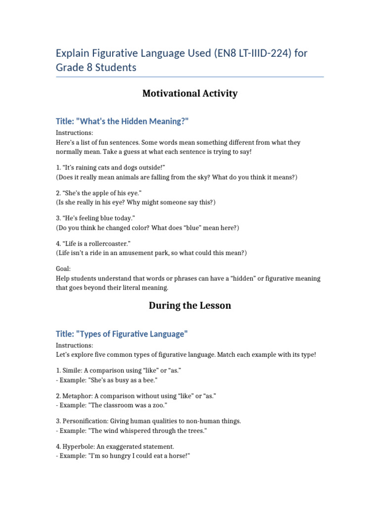 Figurative Language Materials Grade8 | PDF