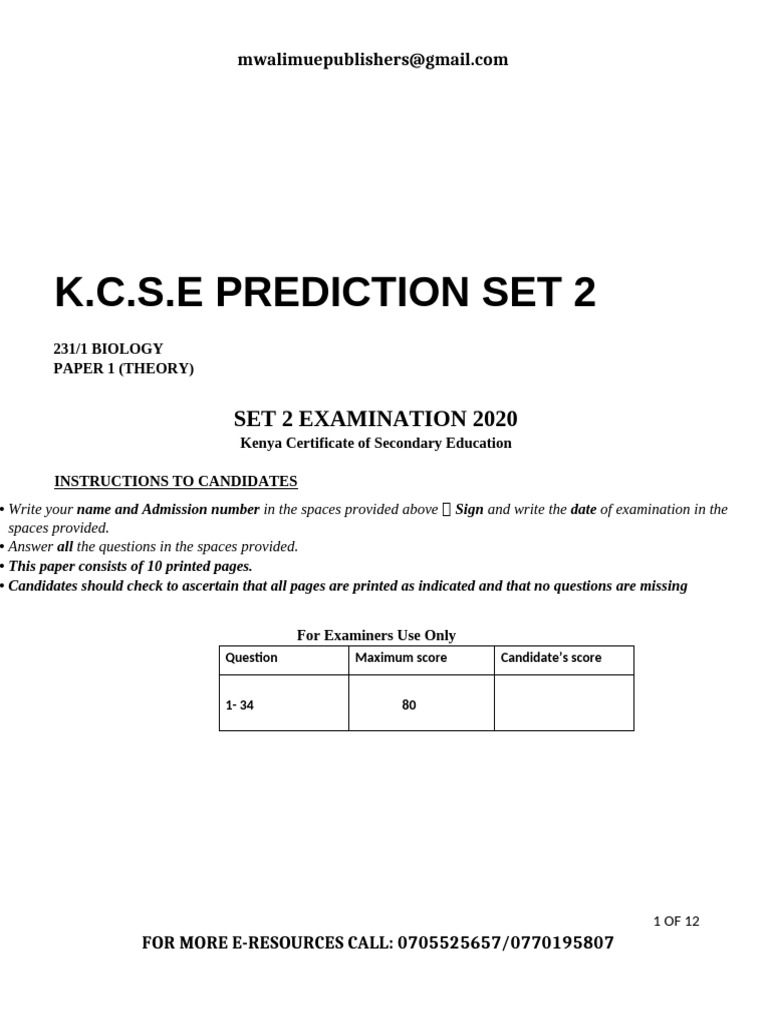 K.C.S.E Biology Prediction Paper 2020 | PDF | Credit | Finance & Money ...