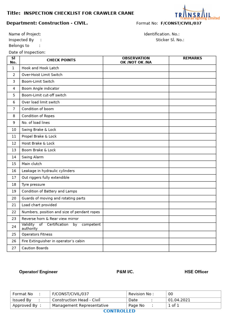 Crawler Crane Inspection Checklist | PDF