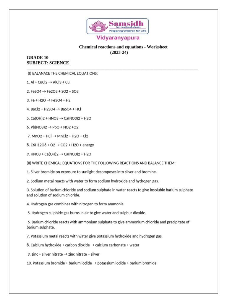 Grade 10 Chemistry Reaction Worksheet | PDF