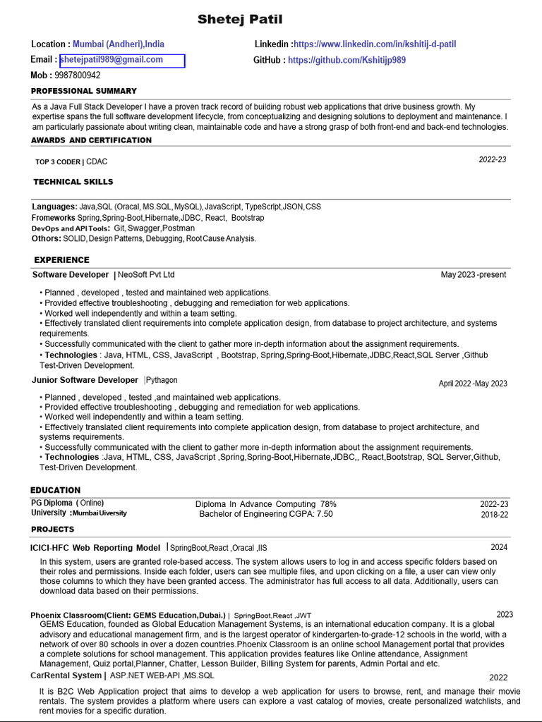 Shetej Patil Resume Java | PDF | World Wide Web | Internet & Web