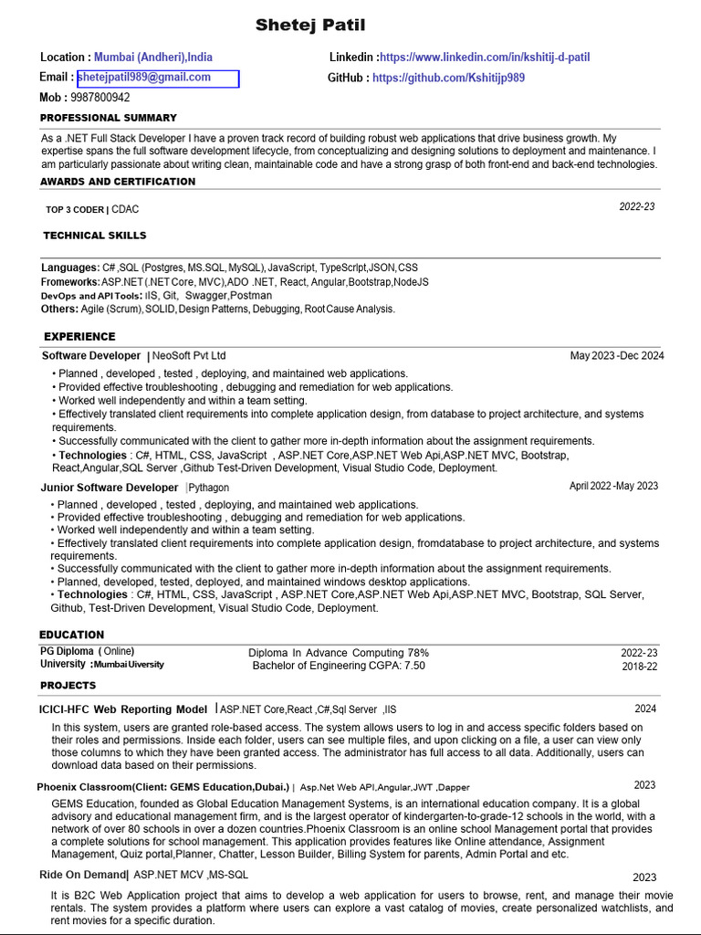 Shetej Patil Resume Dot Net (1) | PDF | World Wide Web | Internet & Web