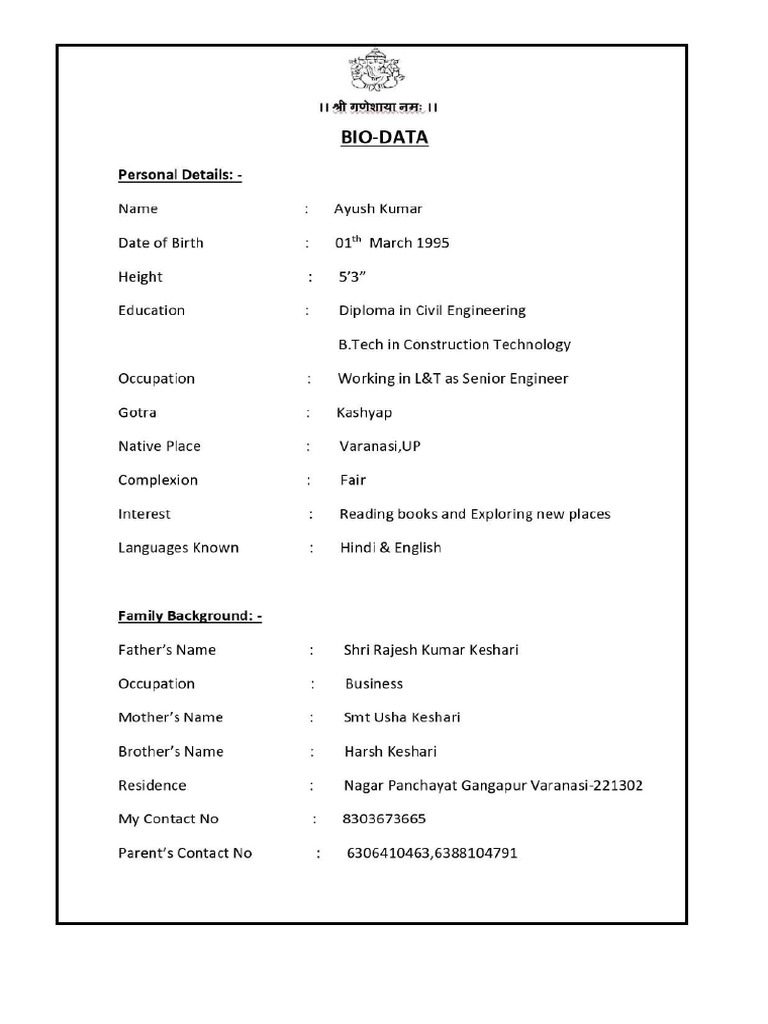 Bio Data Ayush Kumar | PDF