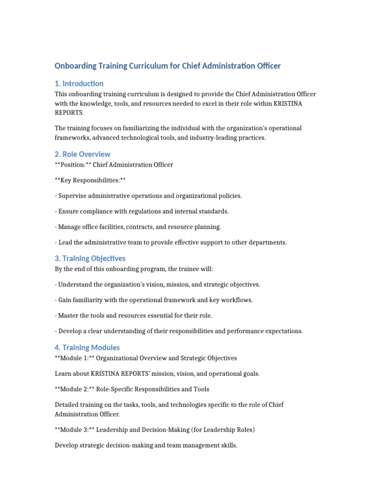 Onboarding Curriculum Chief Administration Officer | PDF
