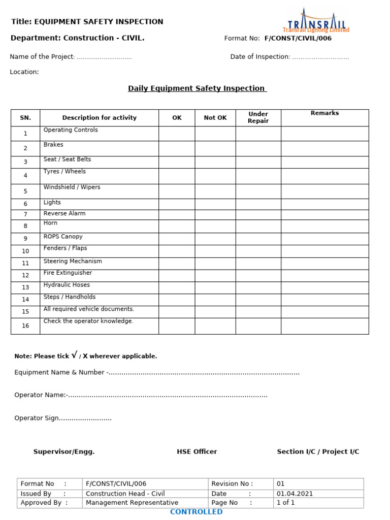 Equipment Inspection Checklist - Daily Basis | PDF