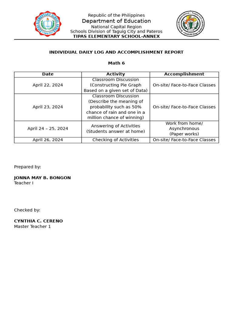 Daily Math Log for Tipas Elementary | PDF