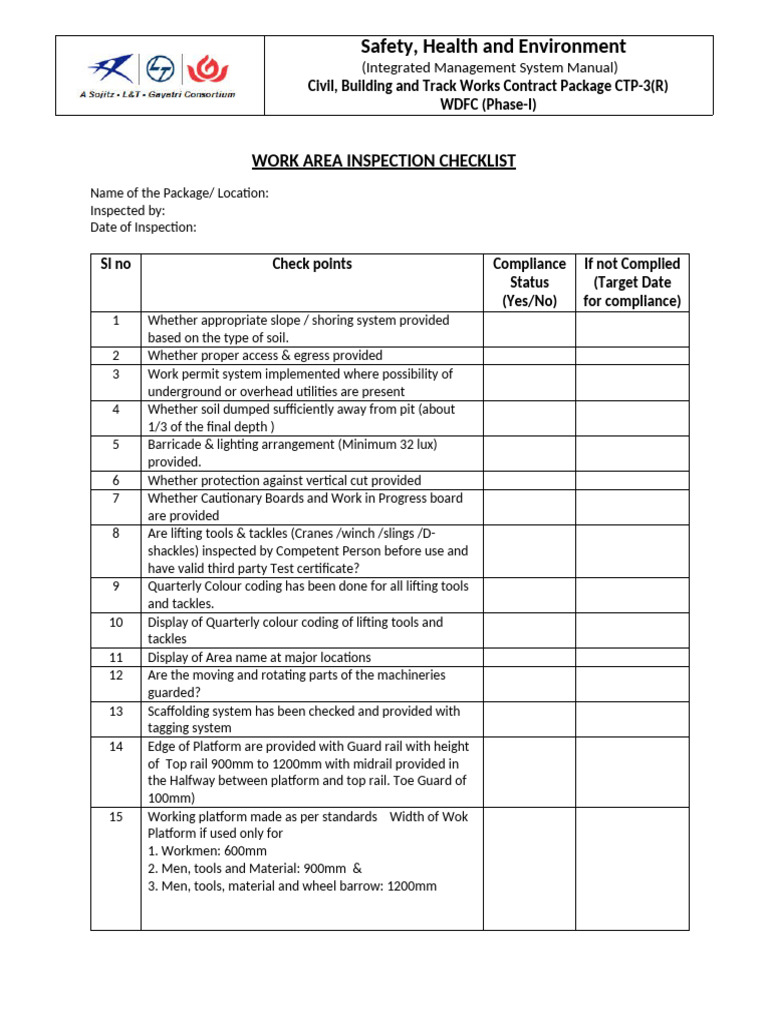 Work Area Safety Inspection Checklist | PDF | Waste | Vehicles