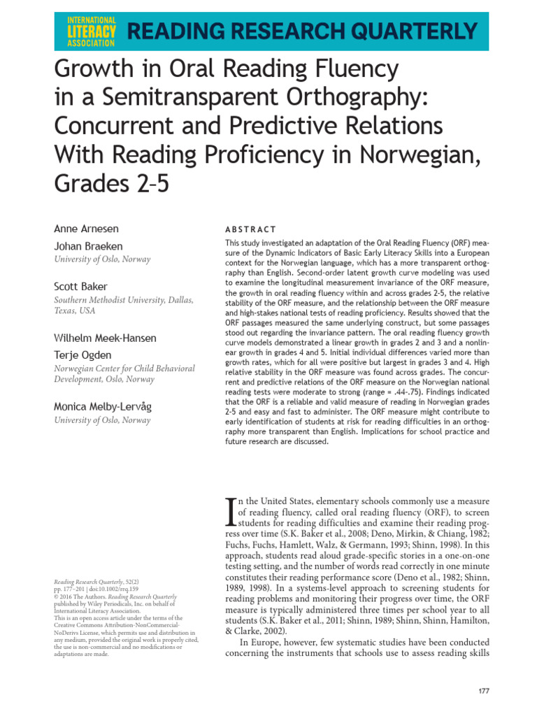 Reading Research Quarterly - 2016 - Arnesen - Growth in Oral Reading ...
