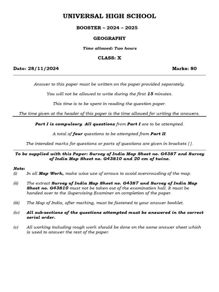 Geography Exam Paper Class X 2024 | PDF | Indian Ocean | Soil