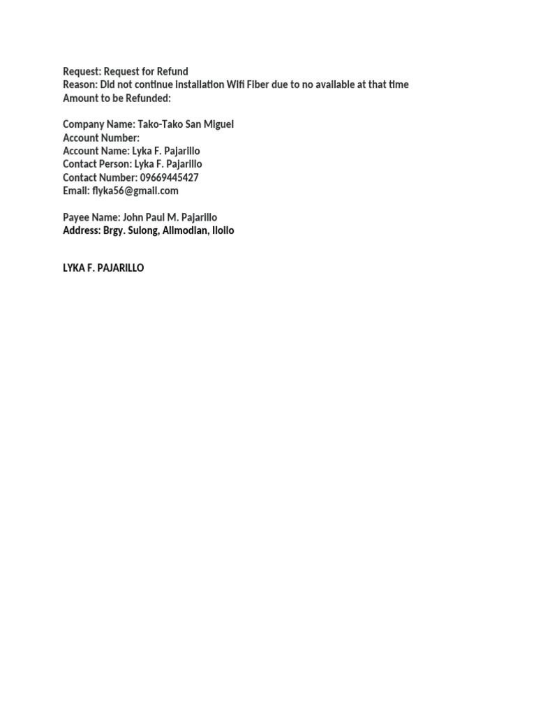 Request Refund Format | PDF