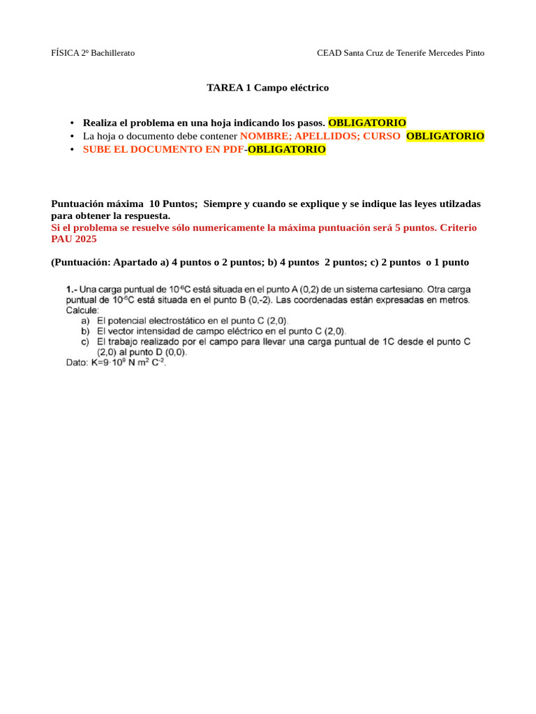 Tarea Campo Eléctrico 2º Bachillerato | PDF
