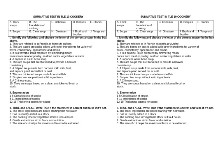 TLE 10 Cookery Summative Test Guide | PDF | Soup | Stock (Food)