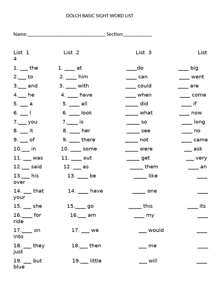 DOLCH BASIC SIGHT WORD LIST - docxGRADE 1 | PDF