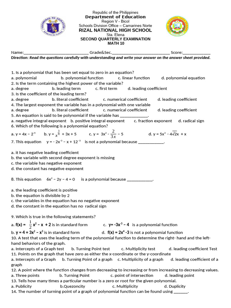 Math 10 Second Quarterly Exam Guide | PDF | Quadratic Equation | Zero ...