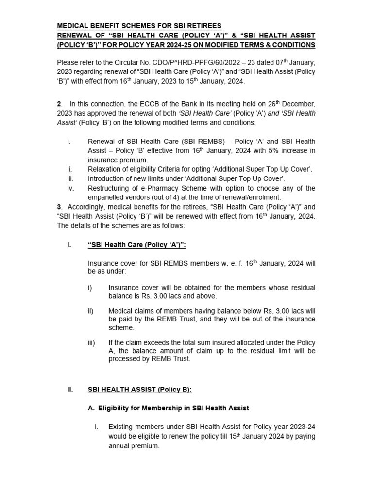 SBI Health Assist Policy B Renewal 2024-25 | PDF | Retirement | Insurance
