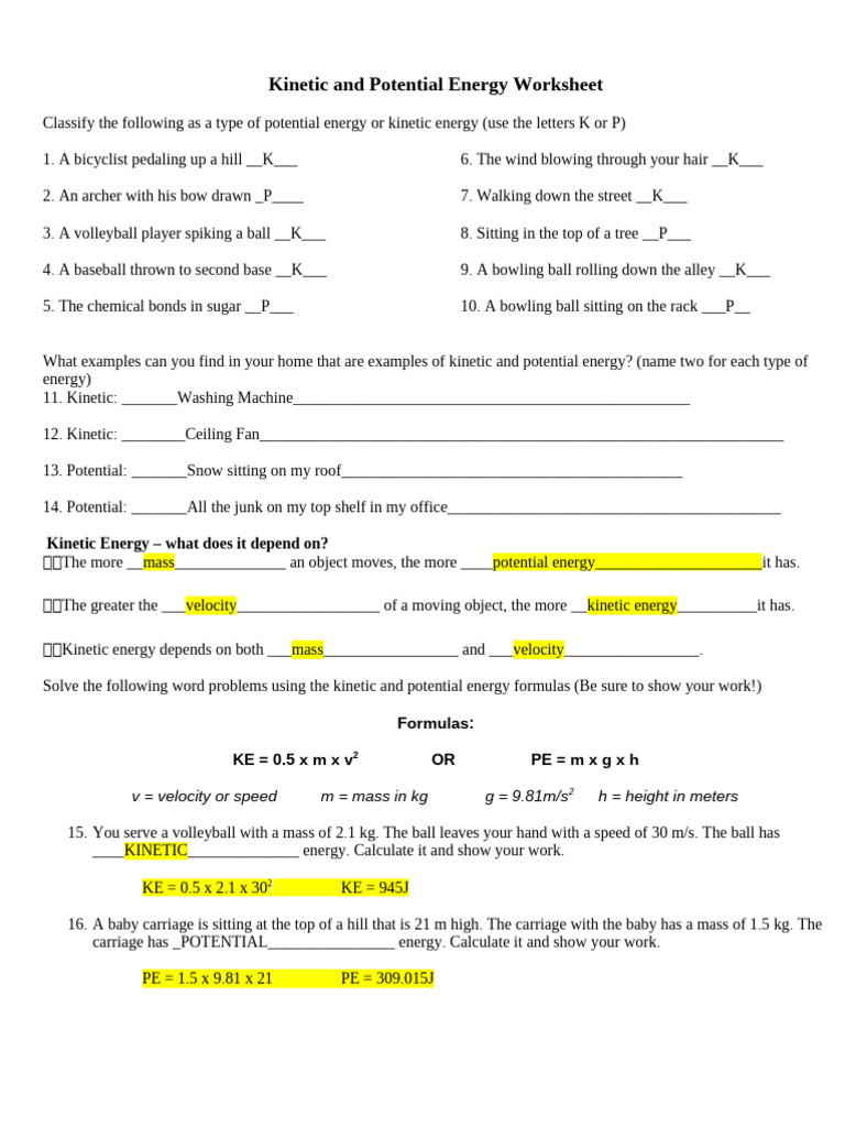 Kinetic and Potential Energy Worksheet Answer Key | PDF | Kinetic ...