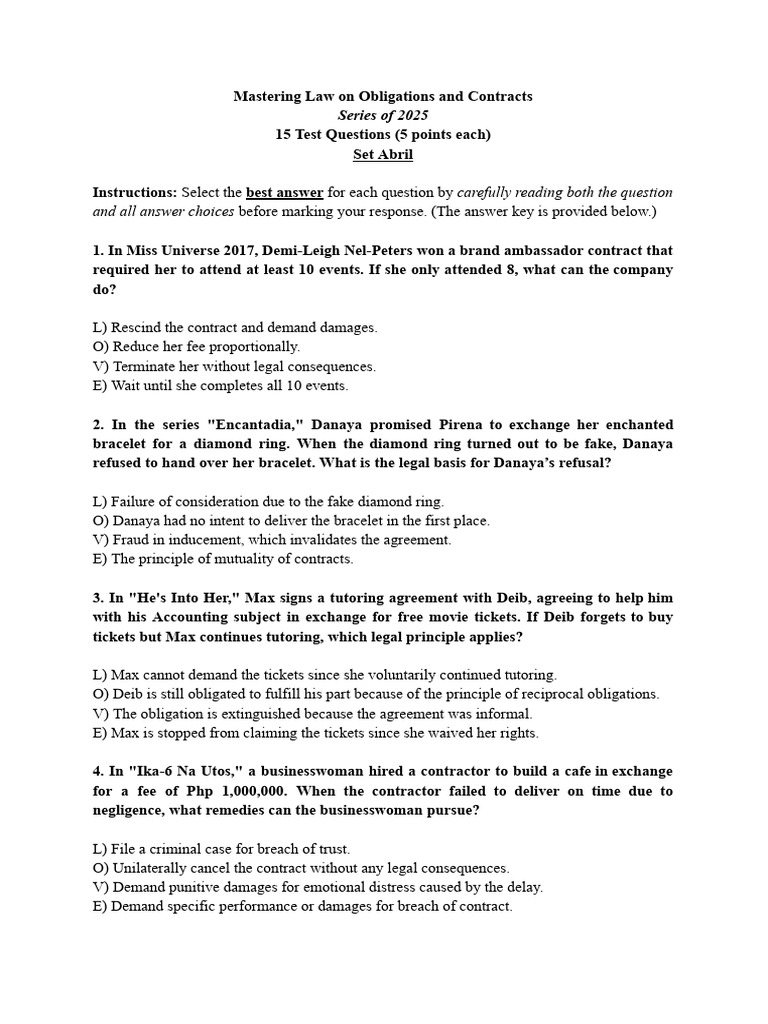 Law on Obligations & Contracts Quiz | PDF | Breach Of Contract | Common Law