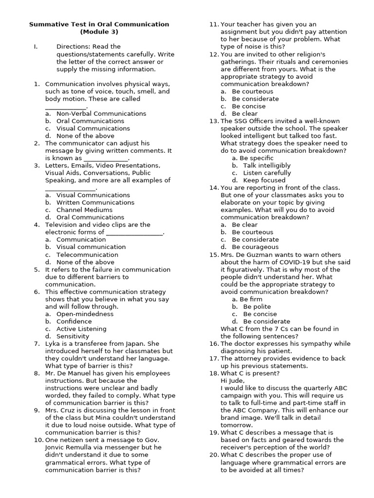 Oral Communication Summative Test | PDF | Communication | Conversation