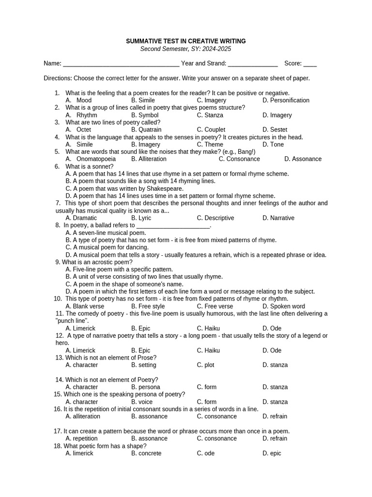 Summative Test in CW | PDF | Poetry | Literary Theory