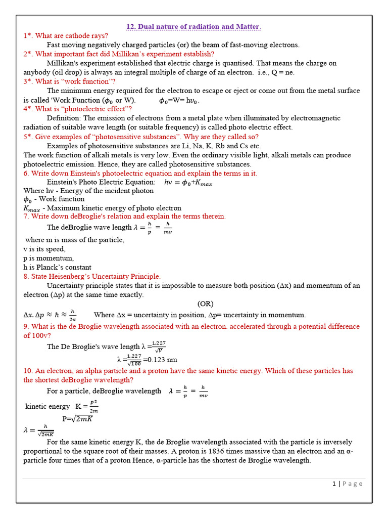 Dual Nature of Matter - 1 | PDF | Electron | Photoelectric Effect
