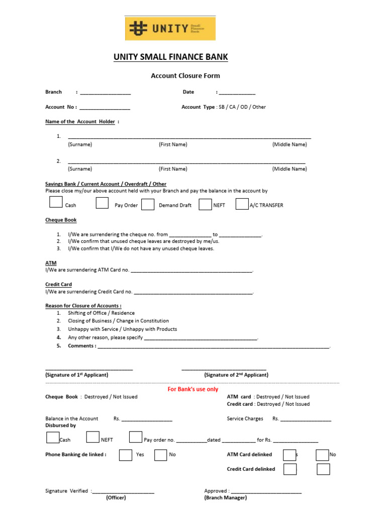 Account Closure Form - Unity Bank | PDF | Transaction Account | Money