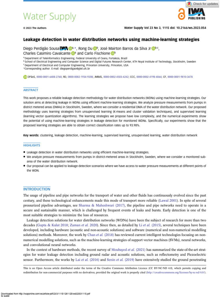 Leakage Detection in Water Distribution Networks Using Machine-Learning Strategies 2023 | PDF ...